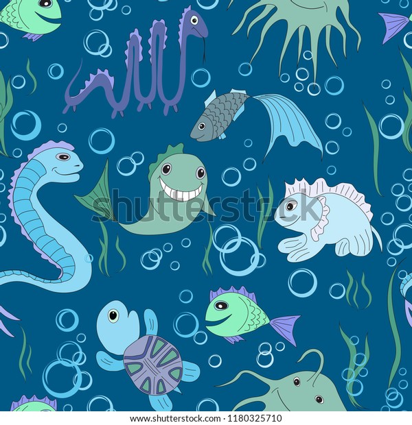 Pattern Seamless Cartoon Sea Animals Stock Vector (Royalty Free ...