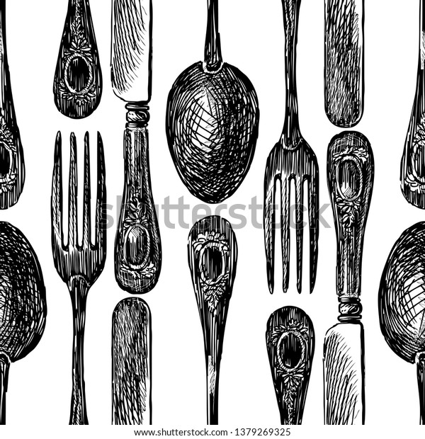 Pattern Sketches Cutlery Stock Vector (Royalty Free) 1379269325