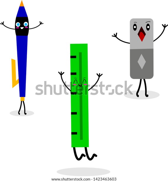 Pen Ruler Eraser Cartoon Characters Set Stock Vector (Royalty Free ...