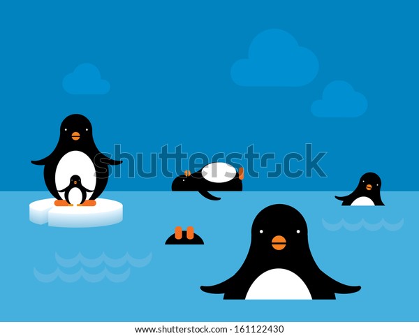 Penguins Play Swimming Vectorillustration 스톡 벡터(로열티 프리) 161122430