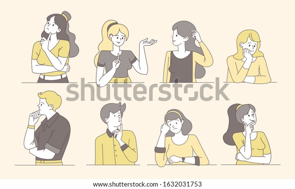 Pensive Thoughtful People Cartoon Vector Illustrations Stock Vector ...