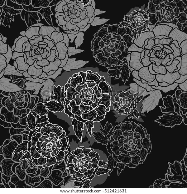 Peonies Seamless Pattern Peony Black White Stock Vector (Royalty Free ...