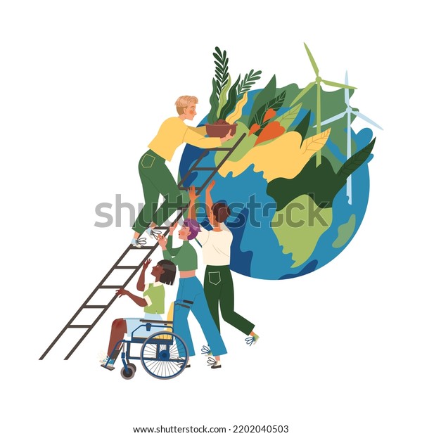 People Character Caring About Planet Ladder Stock Vector (Royalty Free ...