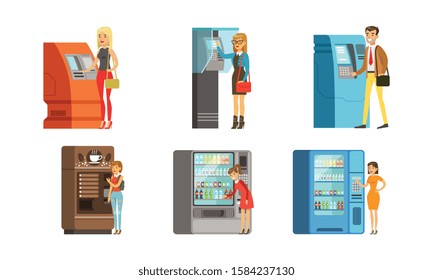 People Characters Using Vending Machines Vector Stock Vector (Royalty ...