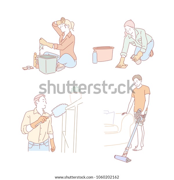 People Cleaning Various Ways Hand Drawn 库存矢量图（免版税）1060202162