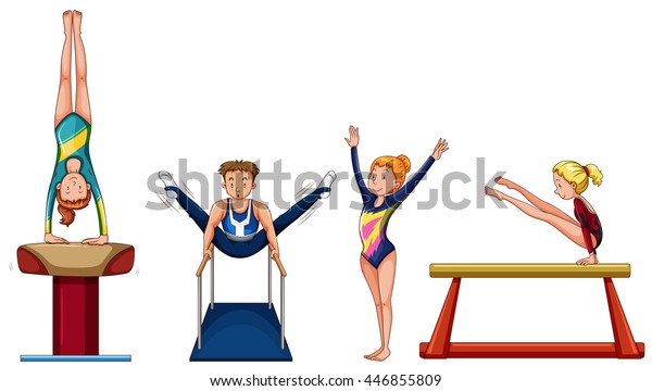 People Doing Gymnastics On Different Equipment Stock Vector (Royalty ...