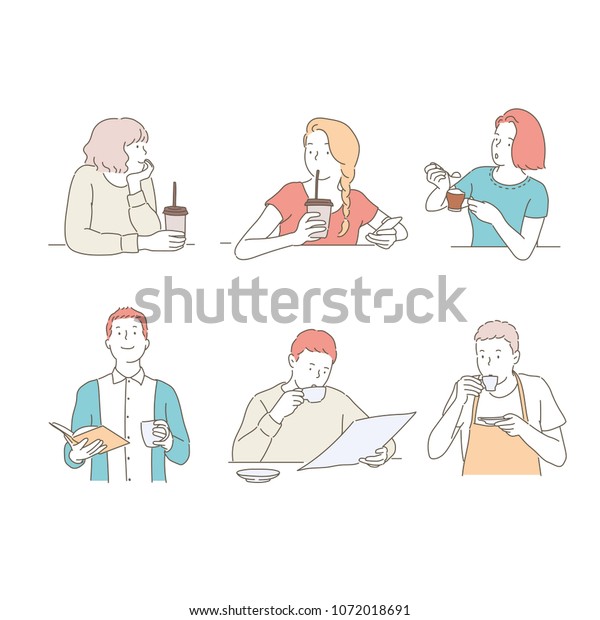 People Drink Coffee Hand Drawn Style Stock Vector (Royalty Free) 1072018691