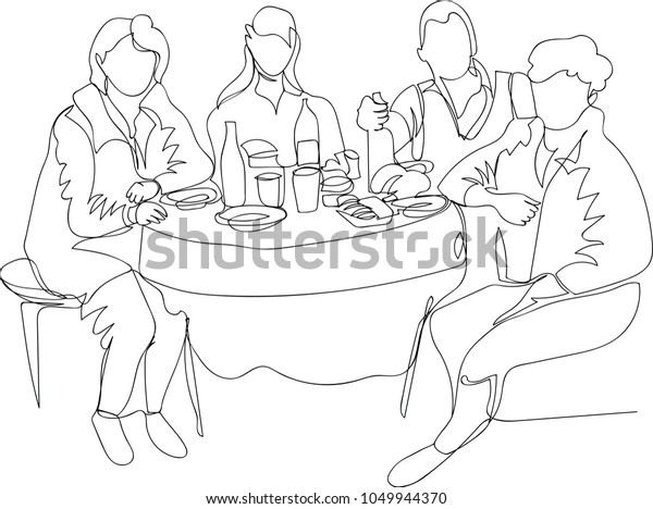 People Eat Table Single Line Drawing Stok Vektör (Telifsiz) 1049944370 ...