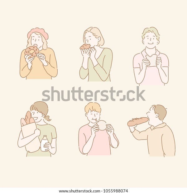People Eating Bread Hand Drawn Style Stock Vector (Royalty Free ...