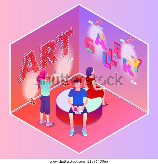 People Examine Exposition Letters On Walls Stock Vector (Royalty Free ...