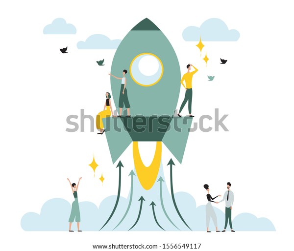 People Fly On Rocket Teamwork On Stock Vector (Royalty Free) 1556549117 ...