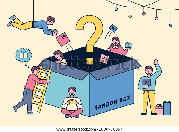 People are gathering around a huge random box. flat design style ...