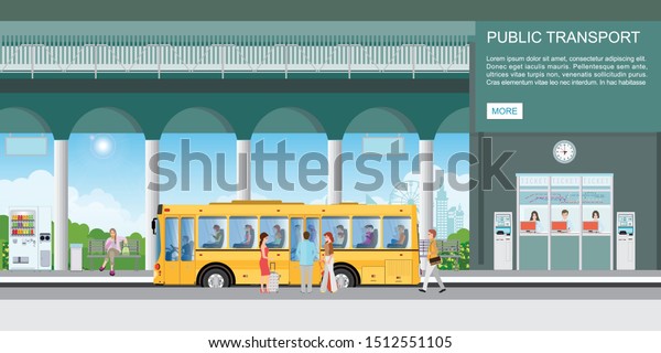 People Getting On Bus Bus Terminal Stock Vector (Royalty Free ...