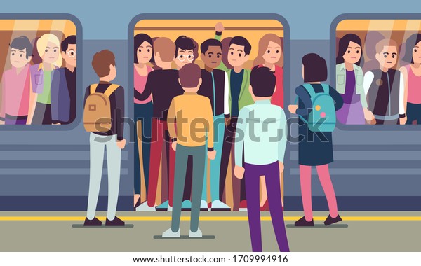 People go into subway train. Public urban transportation, metro ...