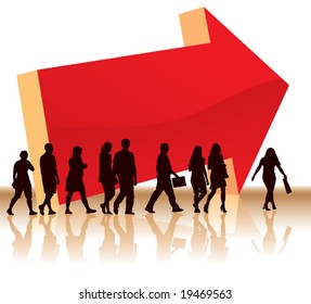 People Going Direction Big Red Arrow Stock Vector (Royalty Free ...