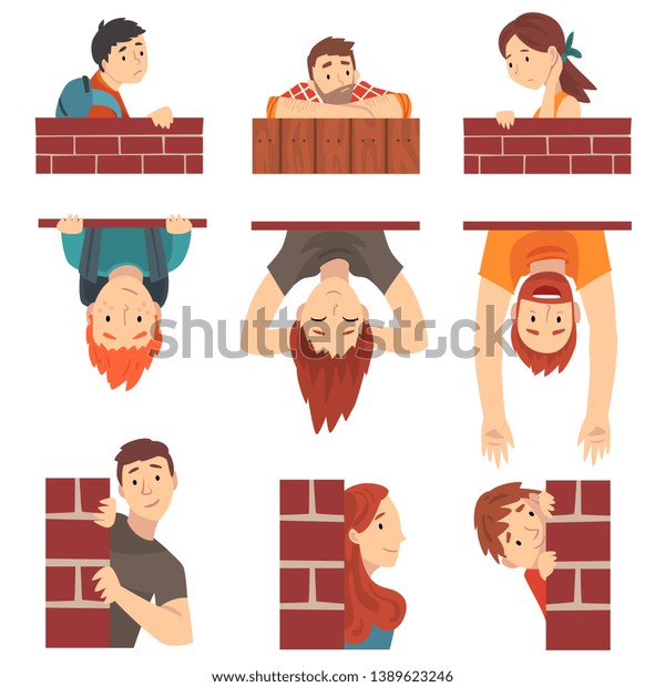 People Hiding Behind Brick Wall Peeping Stock Vector (Royalty Free ...
