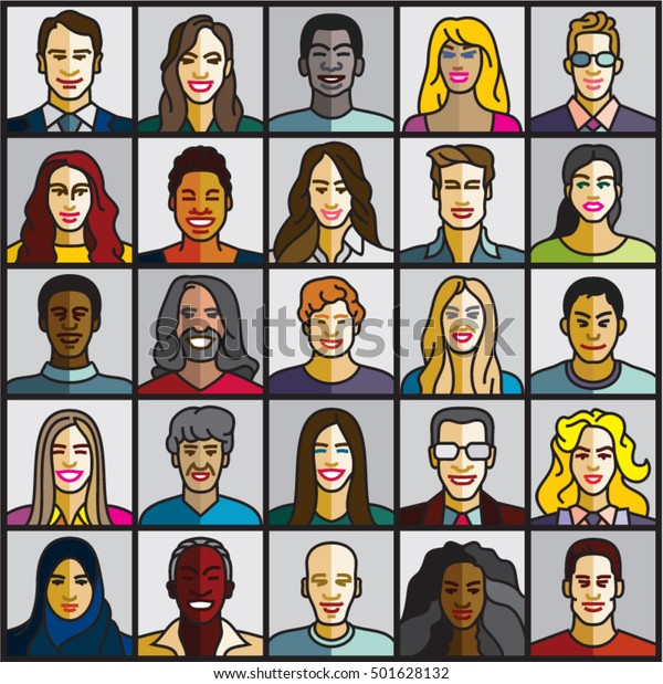 People icons, group of different people, faces,