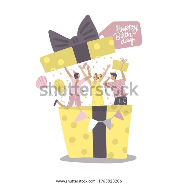 People Jumping Out Gift Box Birthday Stock Vector (Royalty Free ...