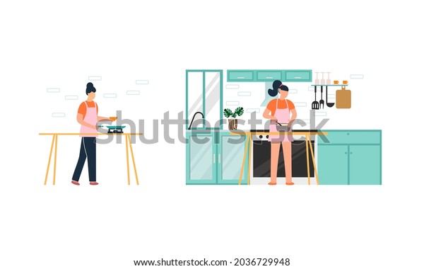 People Kitchen During Cooking Process Illustration Stock Vector ...