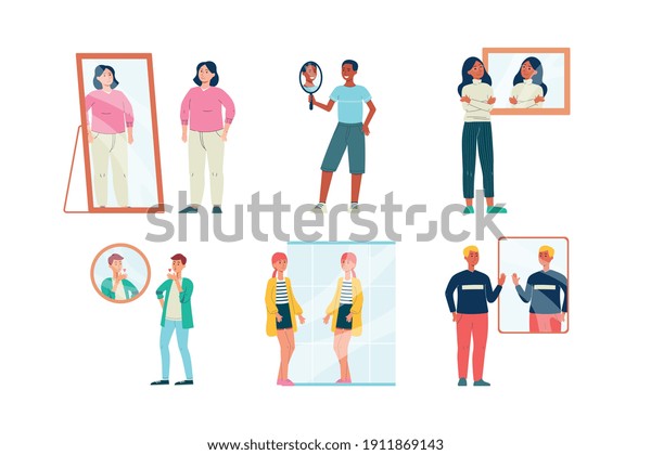 People Look Their Reflection Mirror Various 库存矢量图（免版税）1911869143 ...