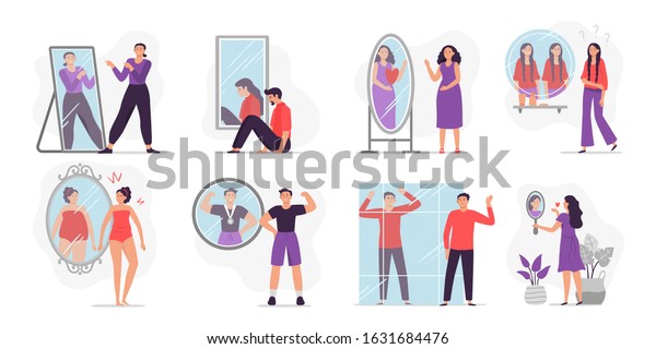 People Looking Mirror Reflection Selfassessment Personal Stock Vector ...
