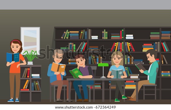 People Reading Textbooks Library Men Women Stock Vector (Royalty Free ...