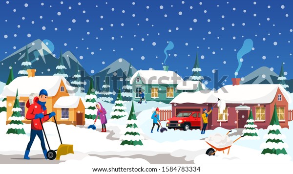 People Removing Snow Flat Illustration Outside Stok Vektör (Telifsiz ...
