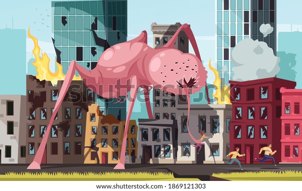 People Running Huge Monster Attacking City Stock Vector (Royalty Free ...
