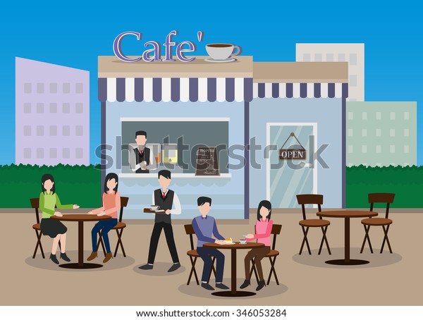 People Sitting Outdoor Cafe Vector 스톡 벡터(로열티 프리) 346053284