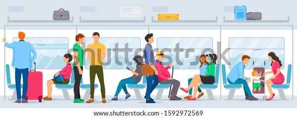People sitting and standing inside subway transport metro. Men, women ...