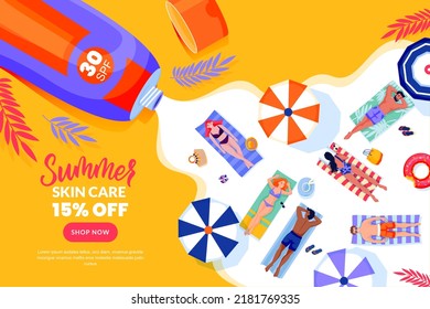 People Sunbathing On Beach Poster Banner Stock Vector (Royalty Free ...