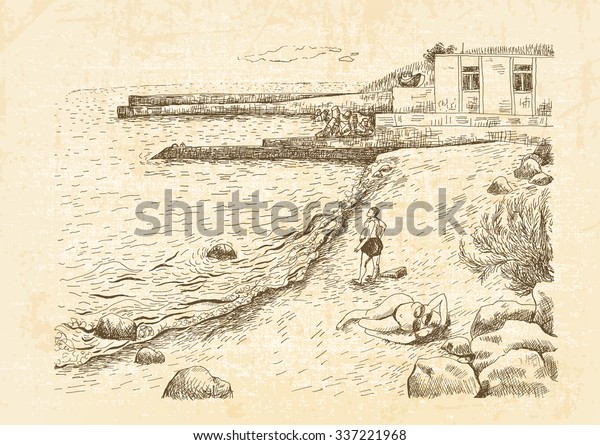 People Sunbathing On Beach Seascape Monochrome Stock Vector (Royalty ...