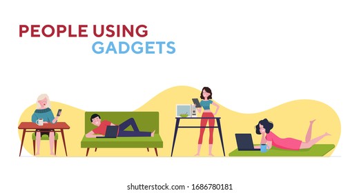 People Using Gadgets Home Set Laptop Stock Vector (Royalty Free ...