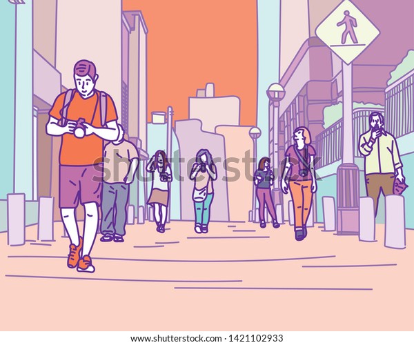 People Walking Down Street Hand Drawn Stock Vector (Royalty Free ...