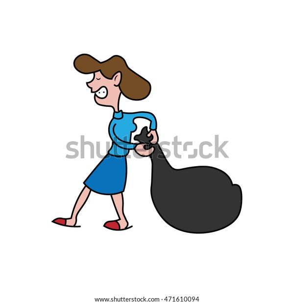 People Woman Pulling Garbage Bag Cartoon Stock Vector (Royalty Free ...