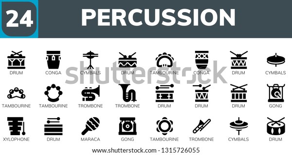 percussion icon set. 24 filled percussion icons. Collection Of - Drum, Conga, Cymbals ...