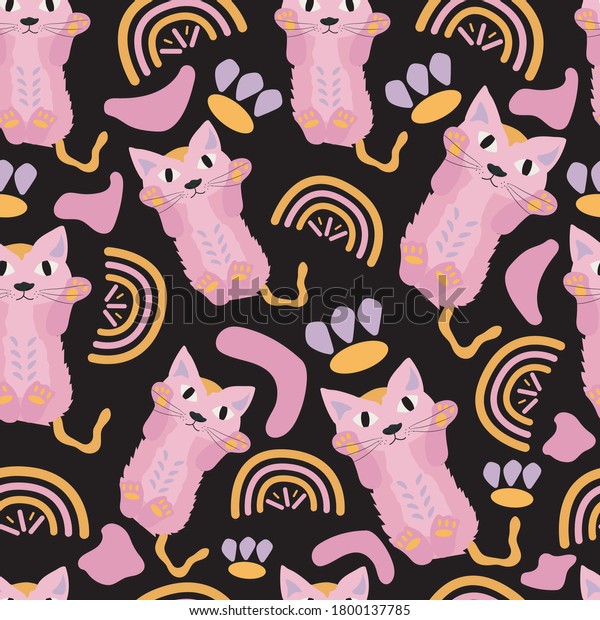 Perfect Pattern Pink Cats Black Background Stock Vector (Royalty Free ...