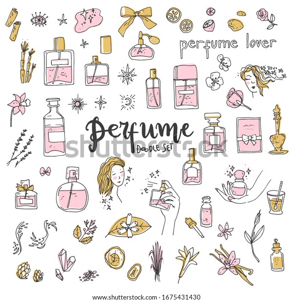 Perfume Doodle Set Bottles Ingredients Decorative Stock Vector (Royalty ...