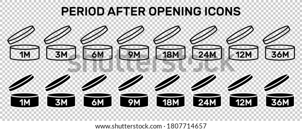 Period after open icons set. PAO symbols. Round box with cap opened ...