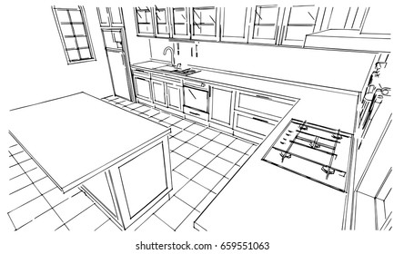 Interior Outline Sketch Drawing Perspective Space Stock Illustration ...