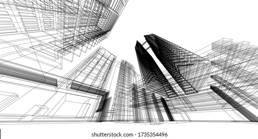 Perspective Outline Architecture Building 3d Illustration Stock Vector ...