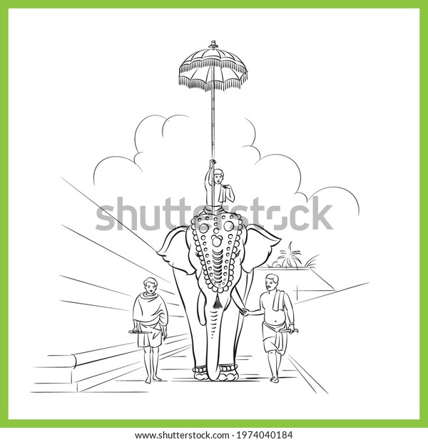 Peruvanam Pooram Black White Vector Illustration 스톡 벡터(로열티 프리 ...