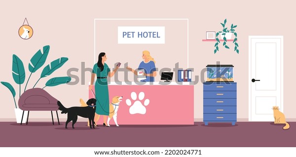 Pet Hotel Reception Lobby Interior Woman: เวกเตอร์สต็อก (ปลอดค่า ...