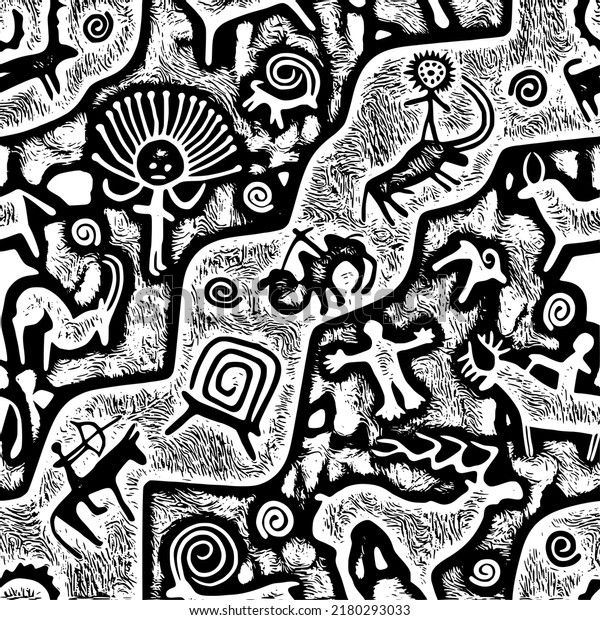 Petroglyphs Cave Drawings Vector Design Seamless: เวกเตอร์สต็อก (ปลอด ...