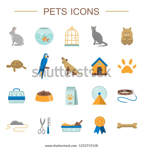 Pets icons set. Flat symbols of different home pets and animal care ...