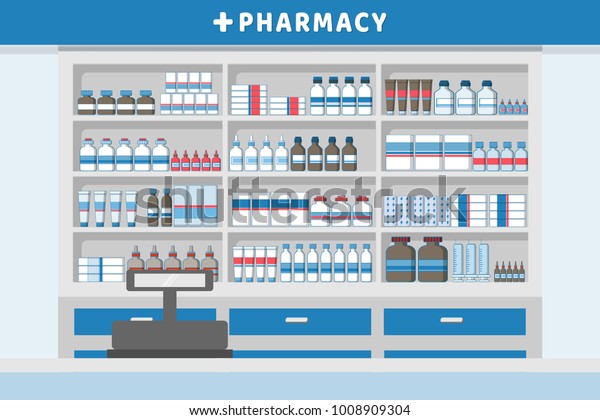 Pharmacy Interior Drug Shelves Cashier Counter Stock Vector (Royalty ... Pharmacy Interior Drug Shelves Cashier Counter Stock Vector (Royalty ...