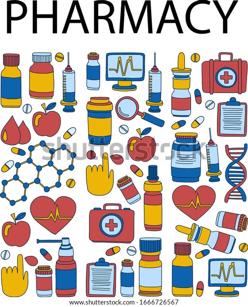 Pharmacy Sketch Collection Set Illustration Vector Stock Vector ...