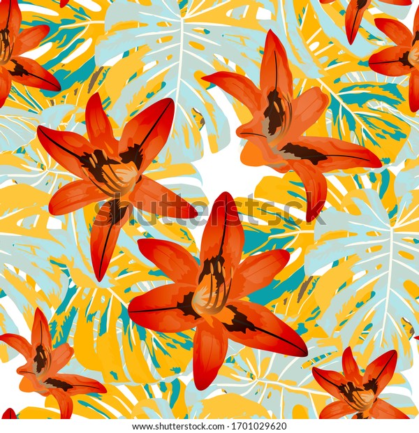 Philippine Flowers. Seamless Pattern with Tropic Leaves and Flowers.