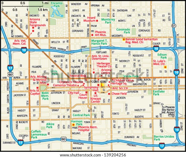 Phoenix Arizona Downtown Map 스톡 벡터(로열티 프리) 139204256 | Shutterstock