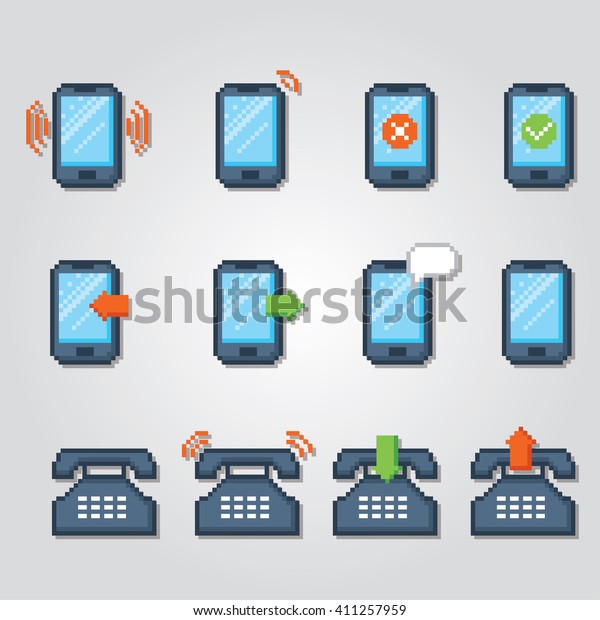 Phone Icon Set Pixel Art Old: vector de stock (libre de regalías ...